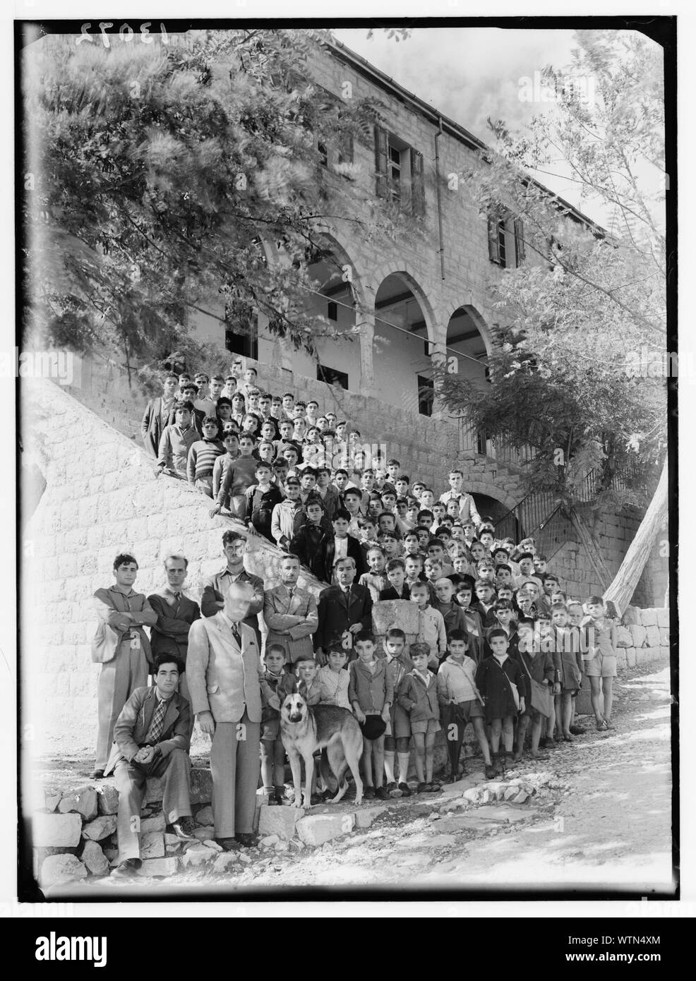 Mr. Oliver's school, Ras-el-Matn. School group on steps, taken from the ...