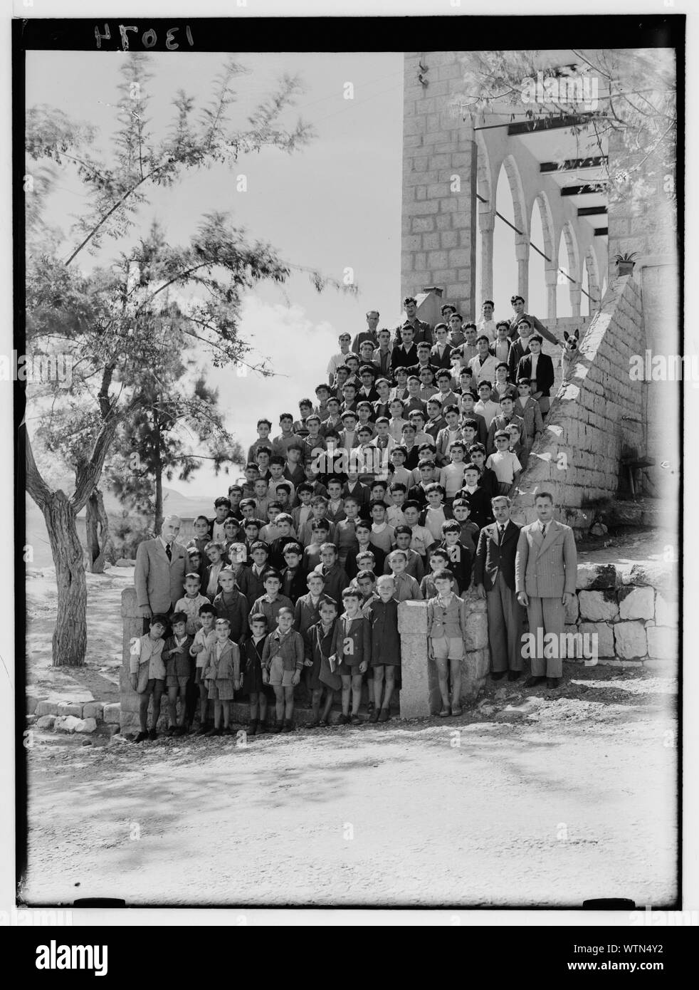 Mr. Oliver's school, Ras-el-Matn. School group on steps, taken from the ...