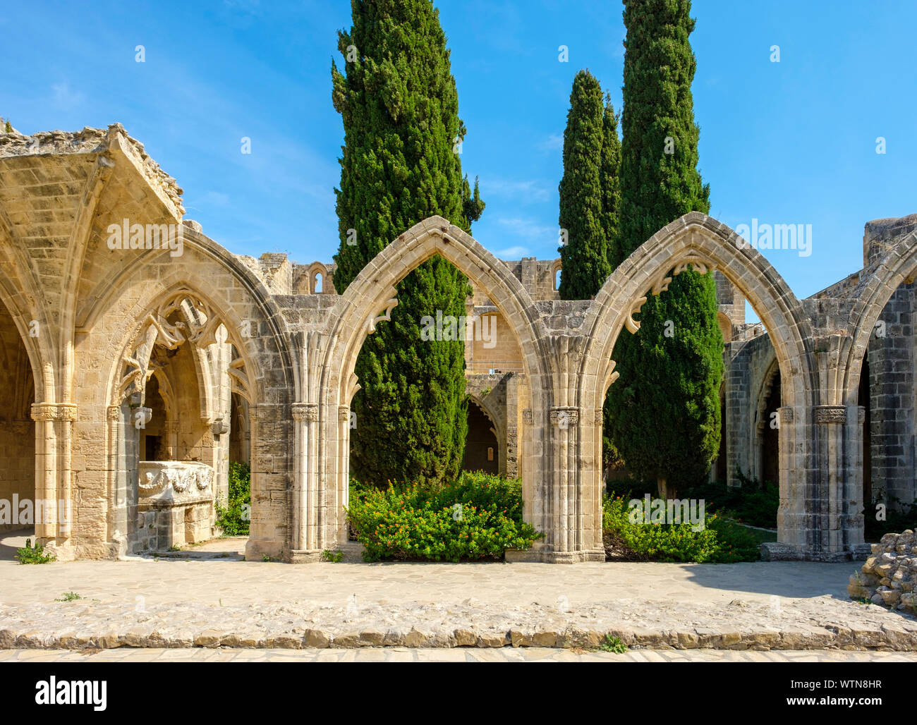 Cloister of Bellapais Abbey, ruins of a monastery built by Canons ...