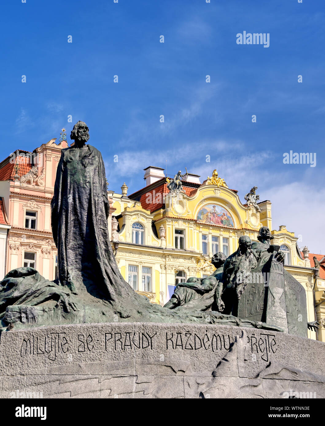 The Jan Hus Memorial stands at one end of Old Town Square, Prague in ...
