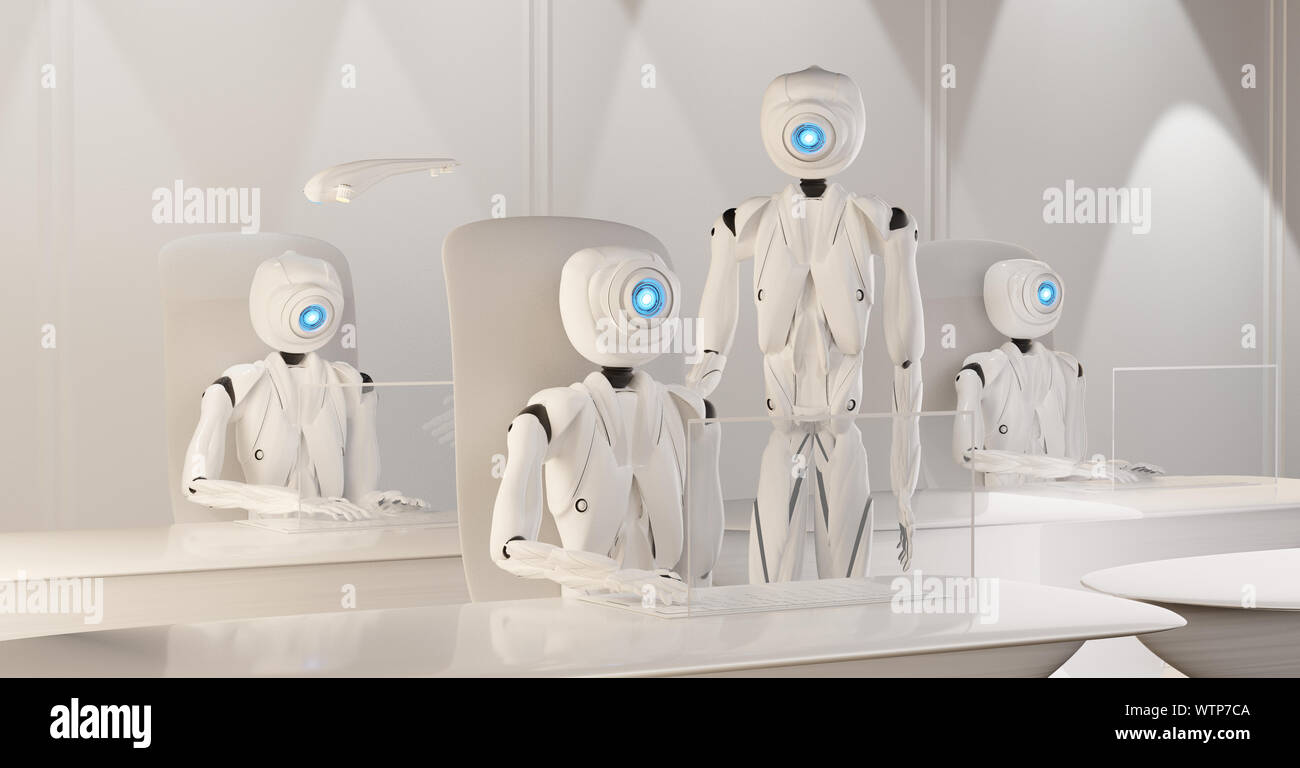 autonomous robot in the office working on a computer 3d-illustration ...