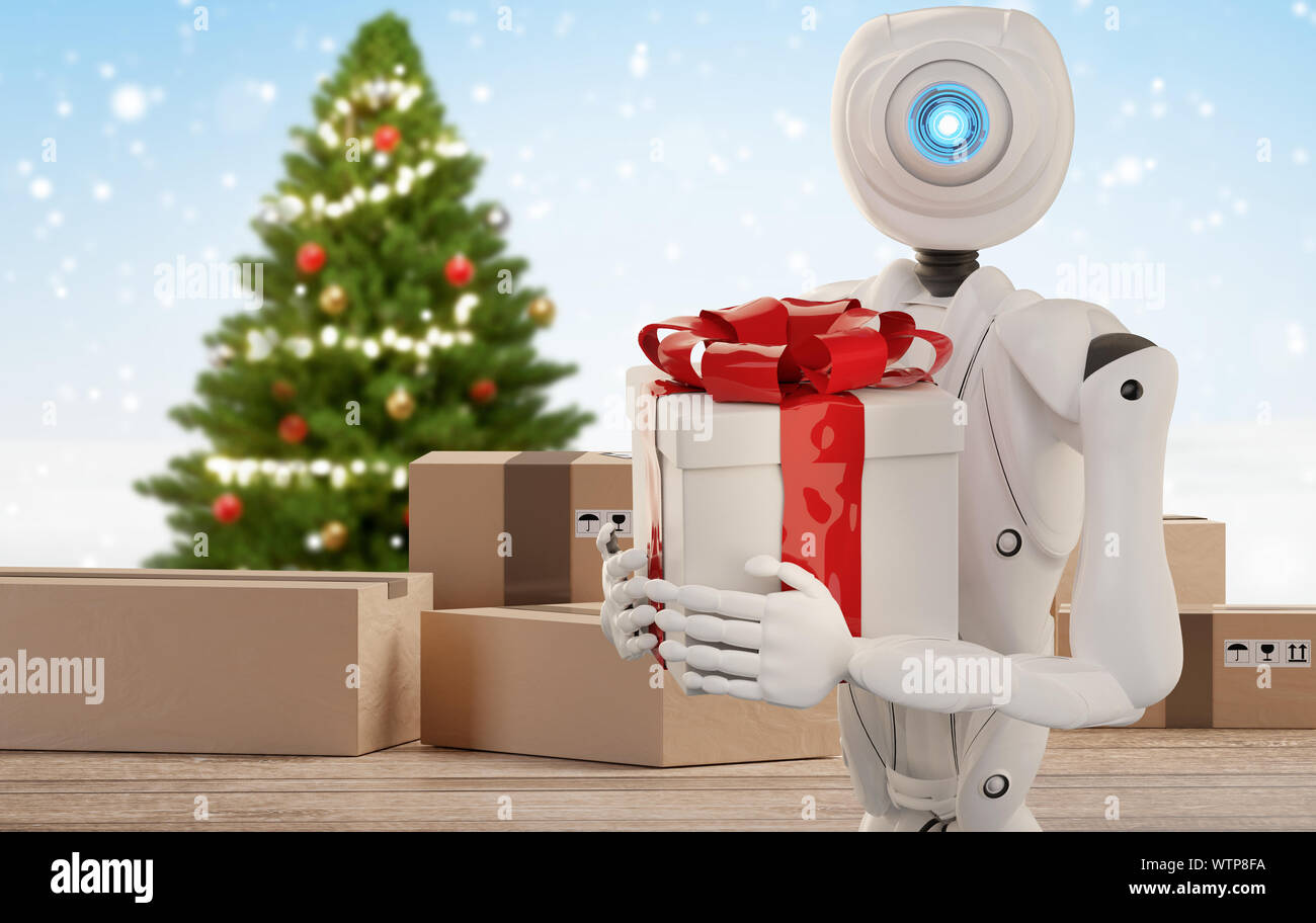 autonomous robot delivers a Christmas present 3d-illustration Stock ...