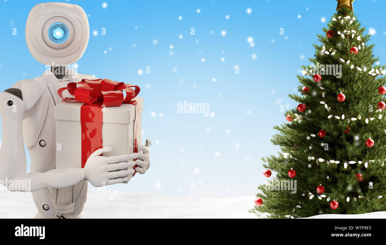 autonomous robot and Christmas present 3d-illustration Stock Photo - Alamy