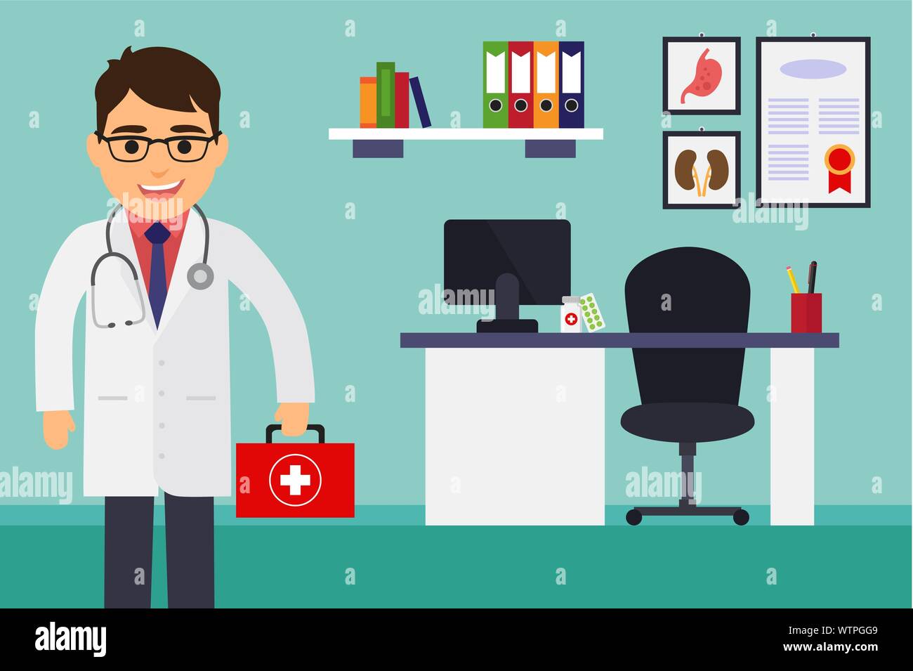Medical office. Male doctor with a medical briefcase. Vector ...
