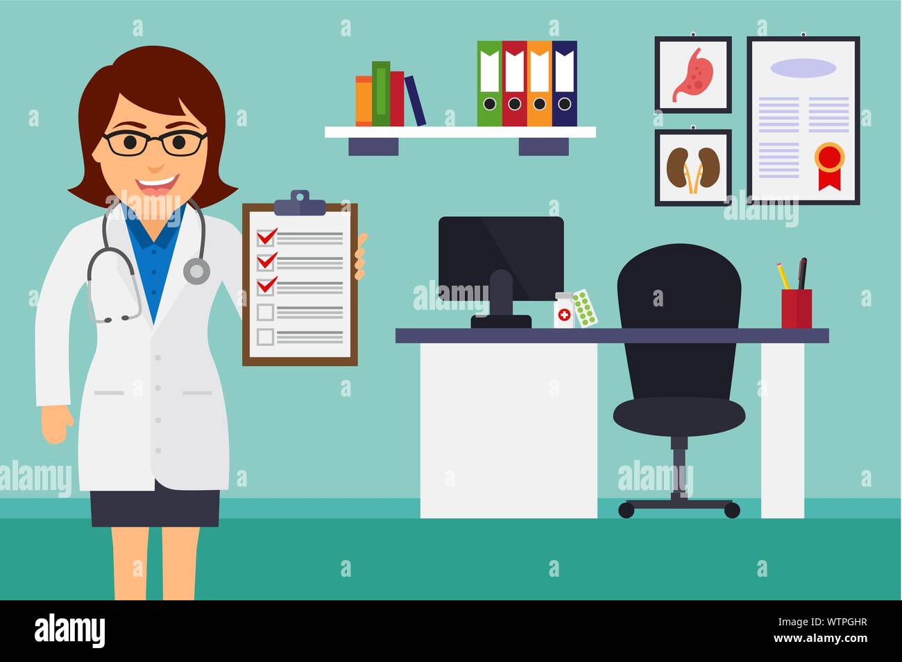 Medical office. Female doctor holding a medical test. Vector ...