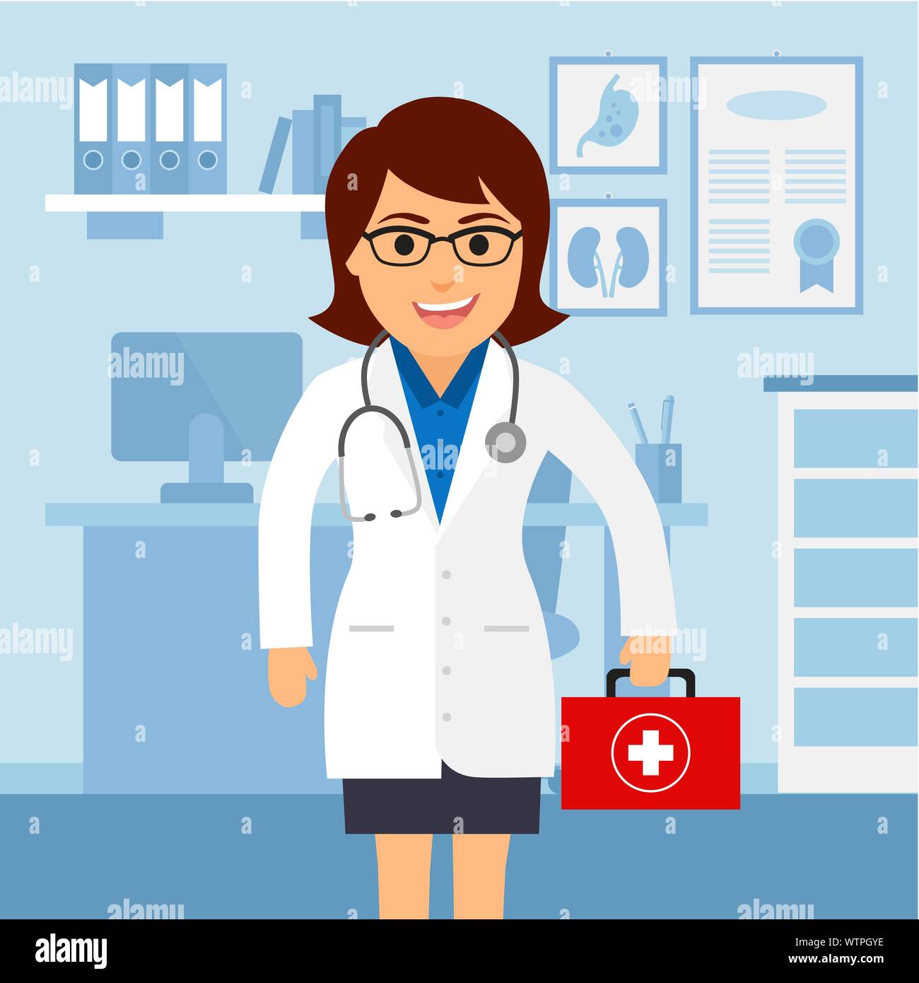 Medical office. Female doctor with a medical briefcase. Vector ...
