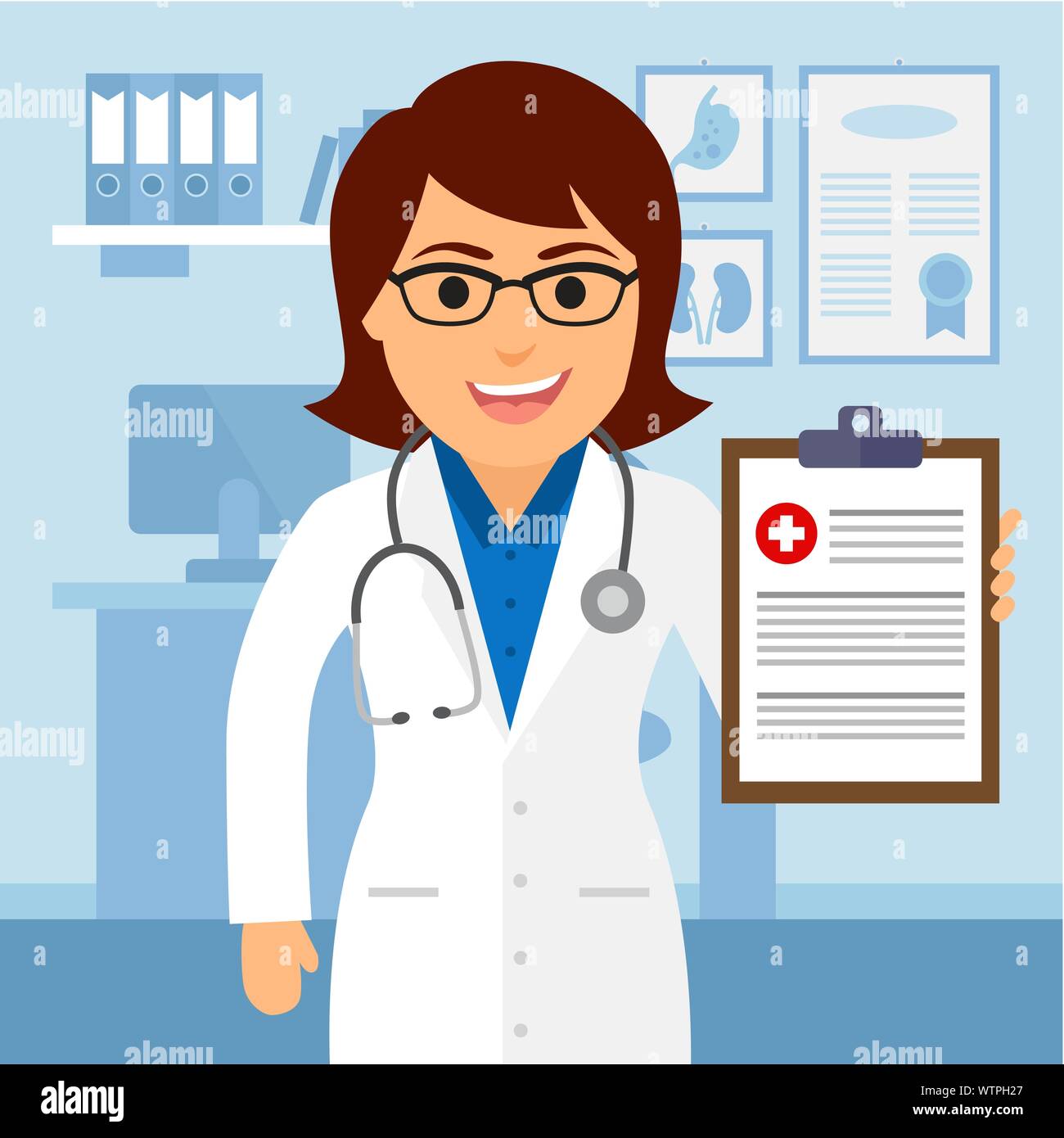 Medical office. Female doctor holding a medical prescription. Vector ...
