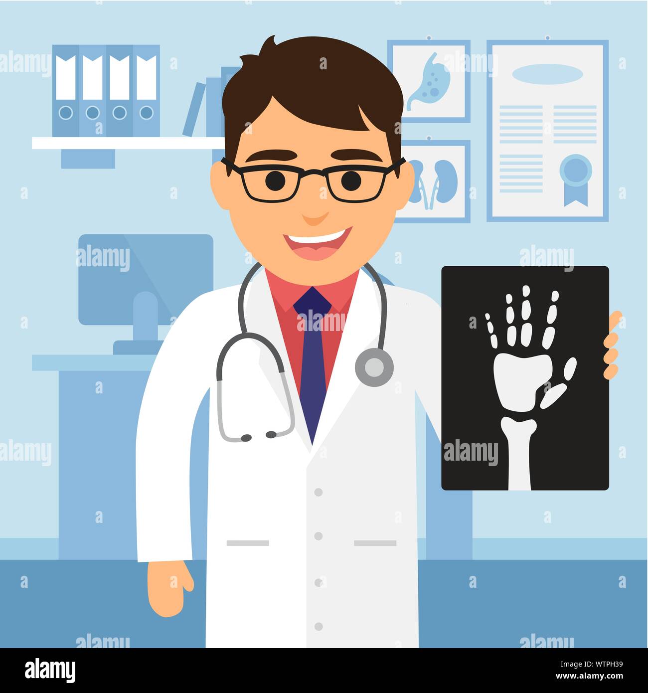 Medical office. Male doctor holding a bone scan. Vector illustration ...
