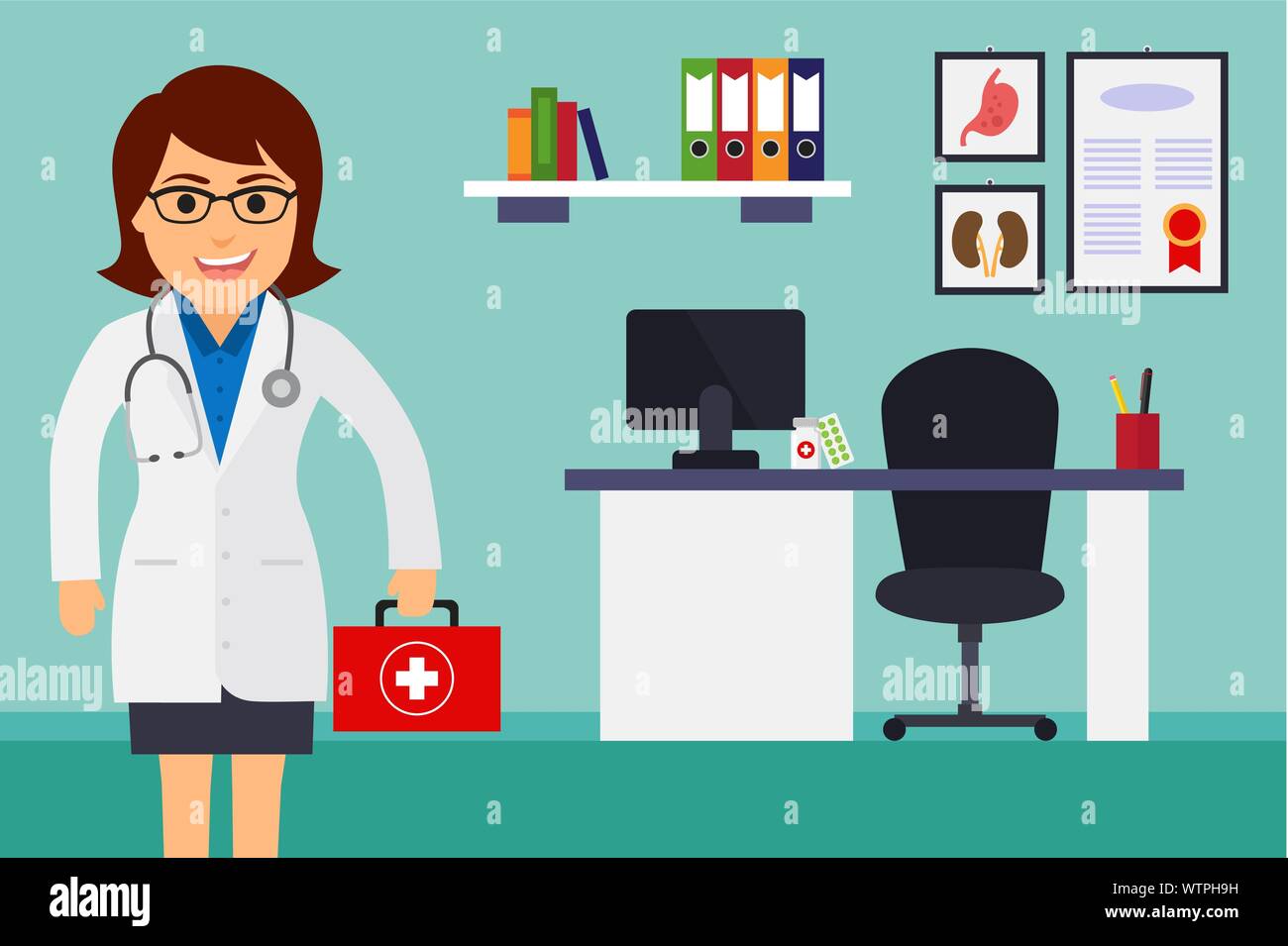 Medical office. Female doctor with a medical briefcase. Vector ...