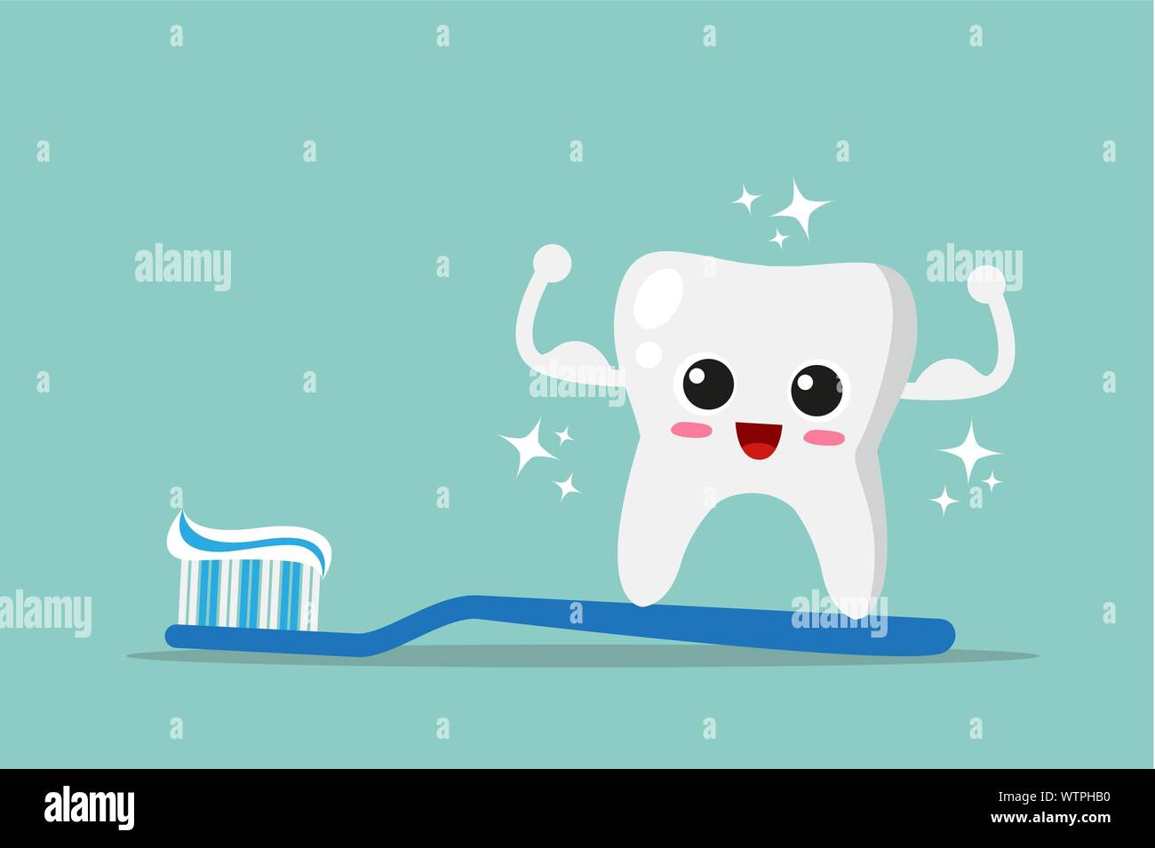 Cute, strong and happy tooth with toothbrush and toothpaste. Vector ...