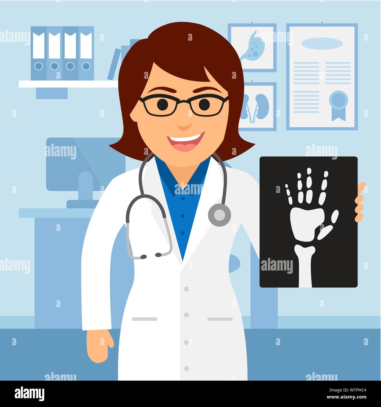 Medical office. Female doctor holding a bone scan. Vector illustration ...