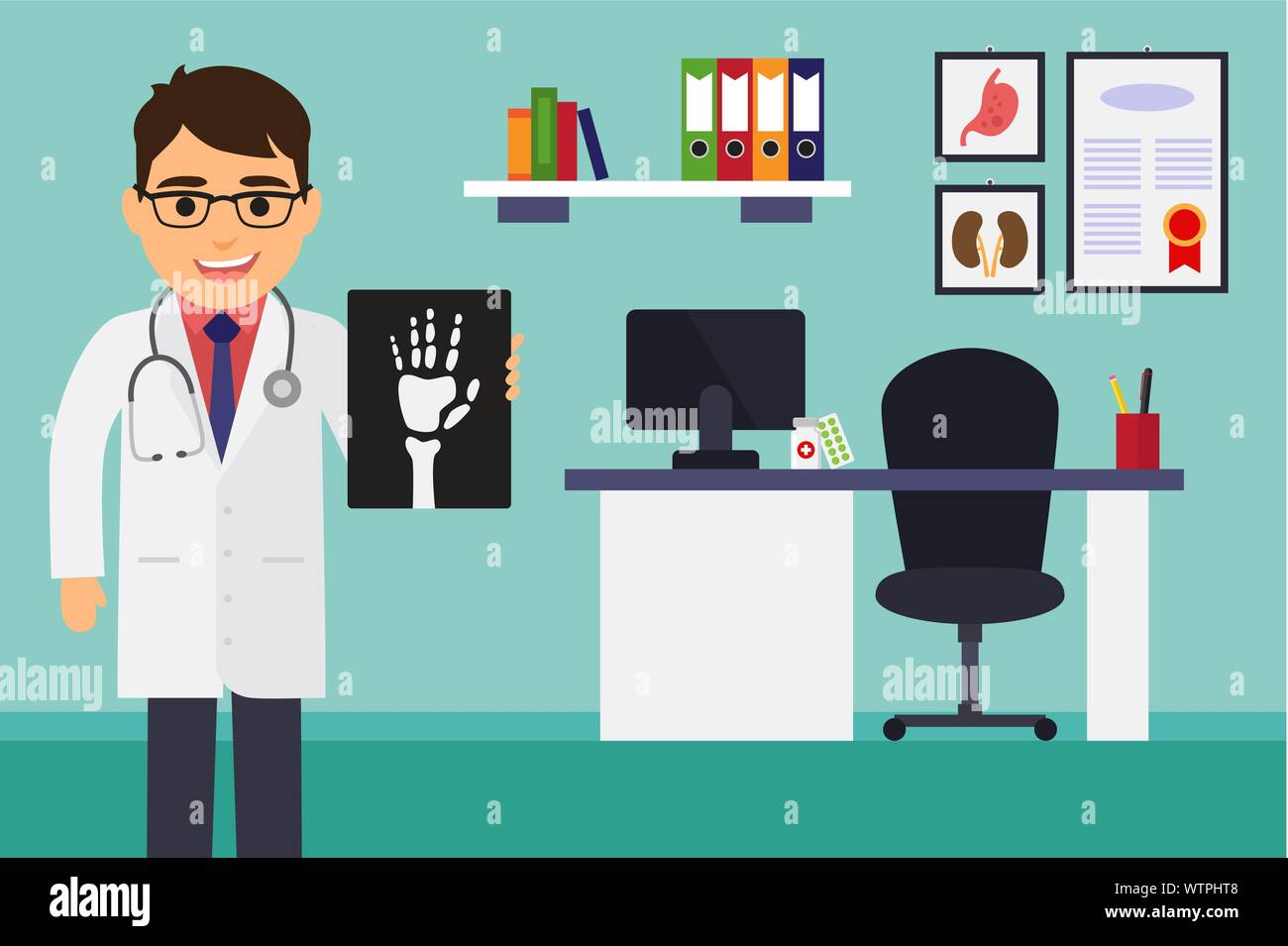 Medical office. Male doctor holding a bone scan. Vector illustration ...