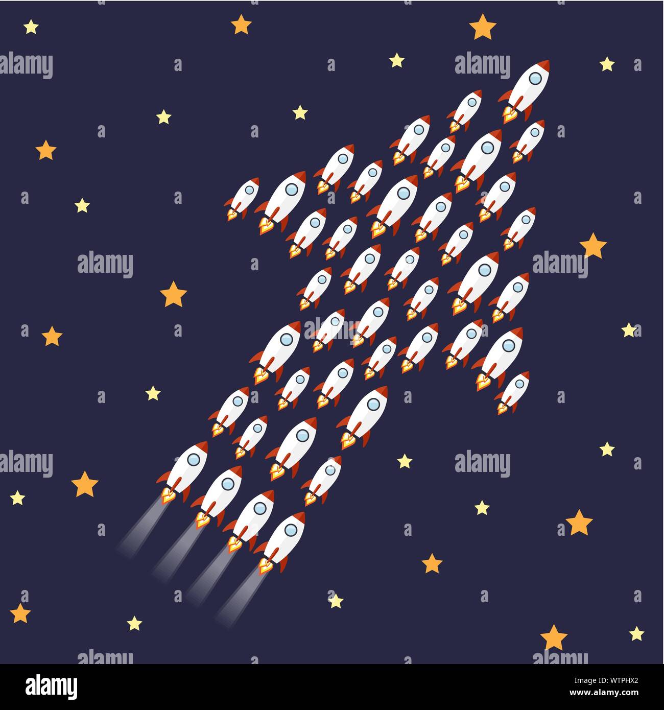 Teamwork concept. A lot of rocket making an arrow with a star ...