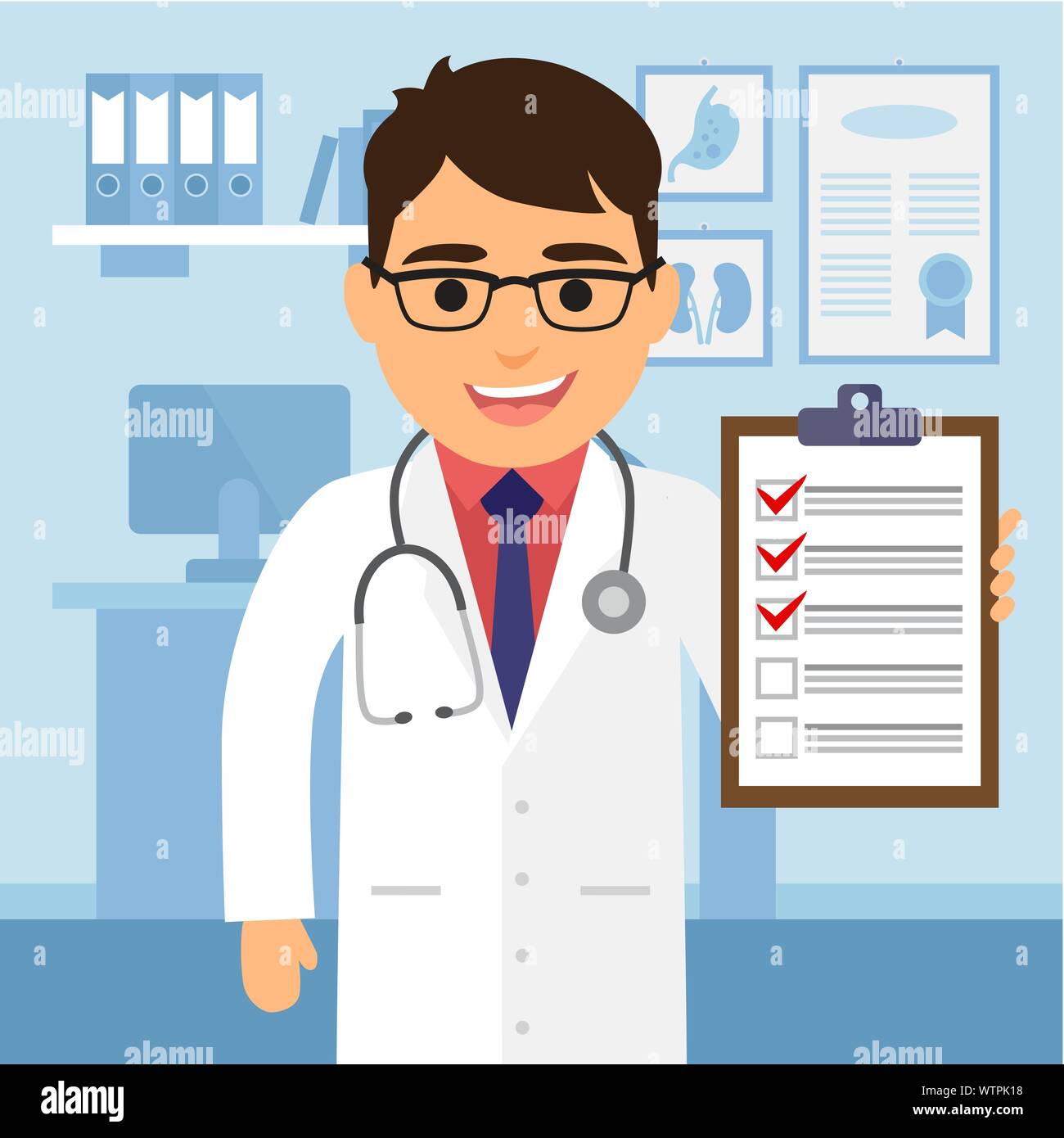 Medical office. Male doctor holding a medical test. Vector illustration ...