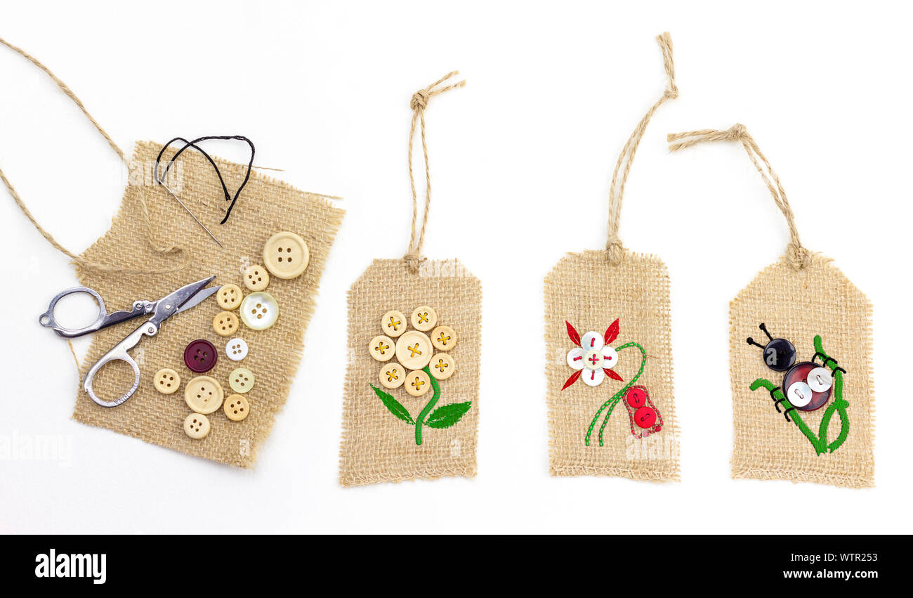 Hand made gift tags using recycled buttons, hemp cloth and thread ...