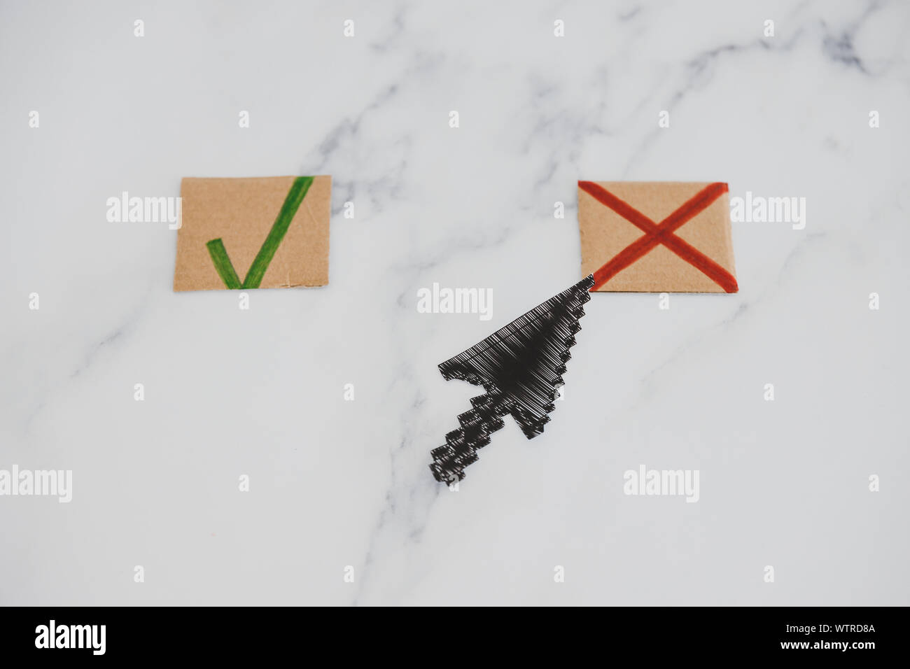 decision taking concept, multiple choice options with green tick and ...