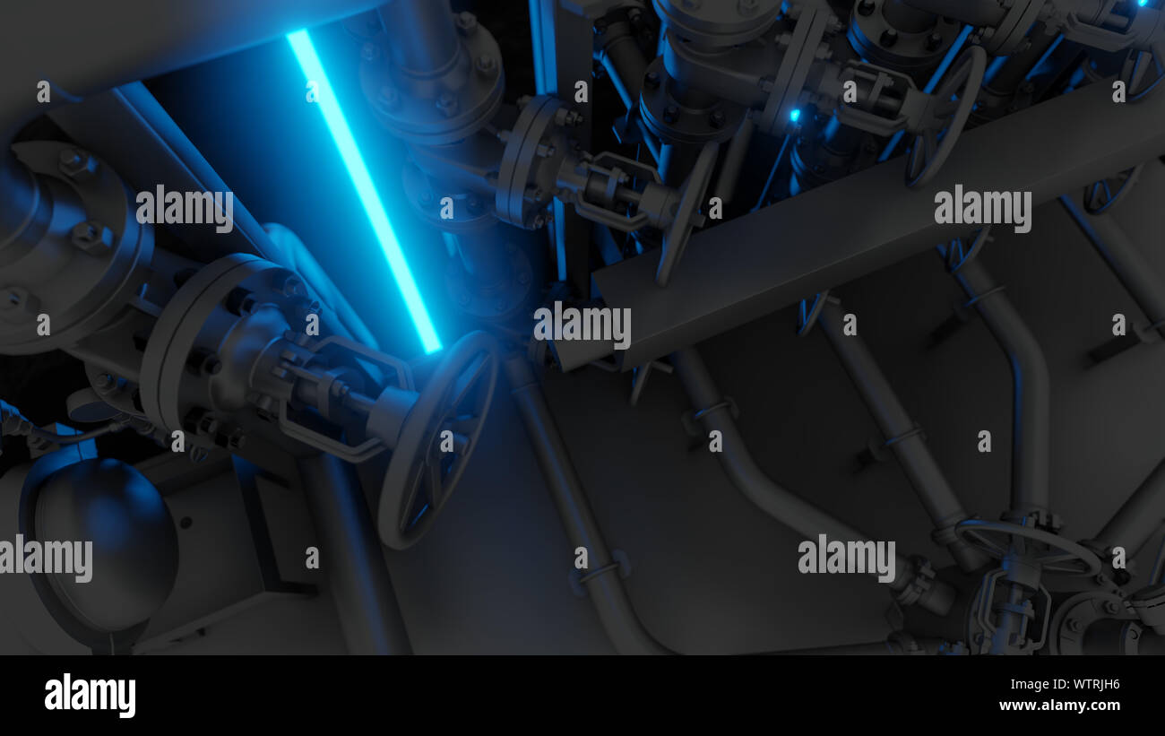 Abstract Industrial Equipment with Neon Lights. Ultraviolet light. 3D ...