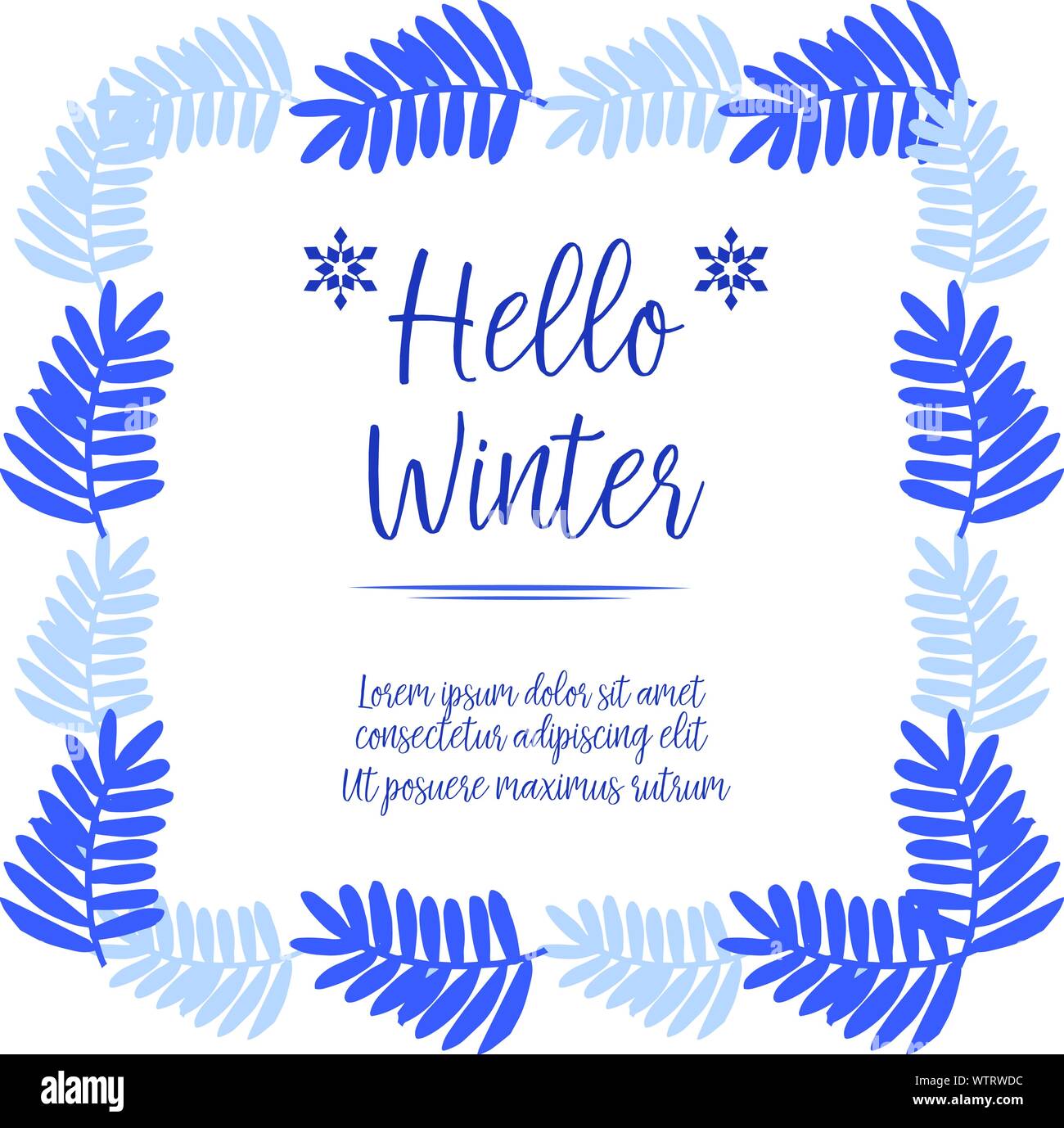 Template for card handwritten hello winter, with pattern of gold rose ...