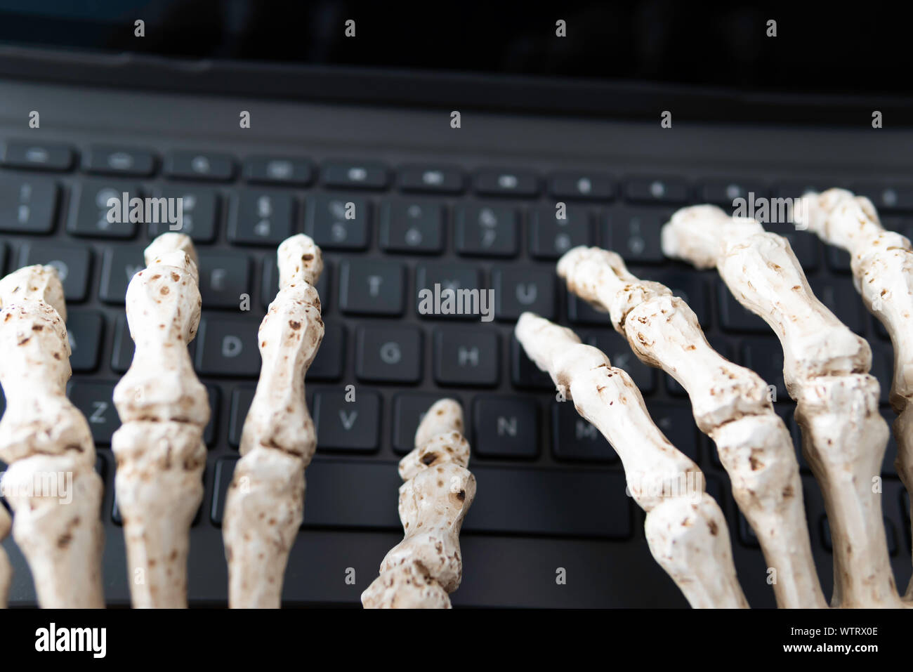 Skeleton hands typing a report using a keyboard - Halloween Concept ...