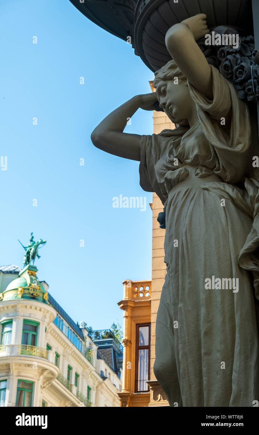 VIENNA, AUSTRIA - AUGUST 15, 2019: A caryatid support a turret. The ...