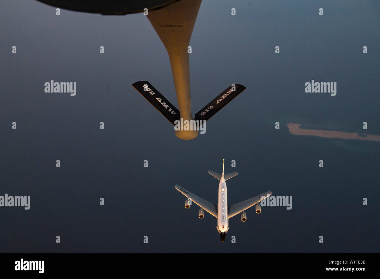 A U.S. Air Force RC-135 Rivet Joint departs after conducting aerial ...