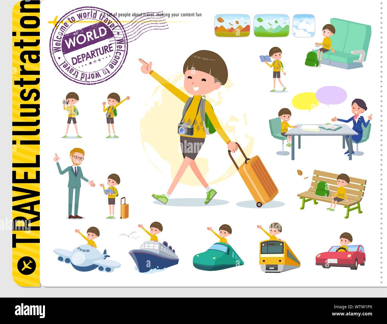 A set of boy on travel.There are also vehicles such as boats and ...