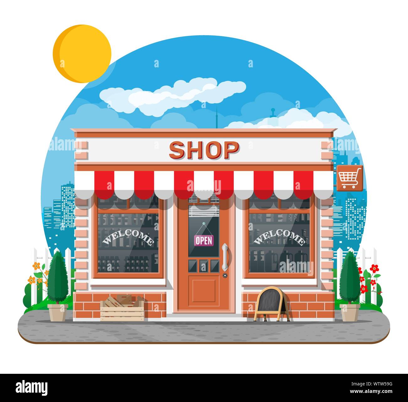 Empty store front with window and door. Glass showcase, small european ...