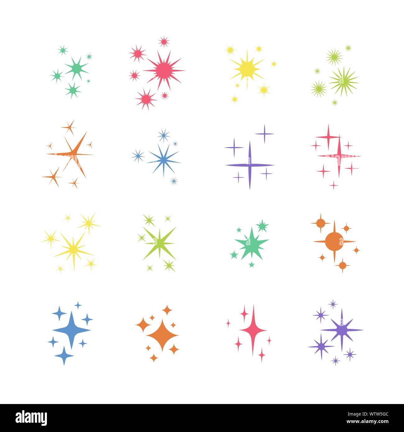 Set of vector star, sparkle icons. Collection of bright fireworks, twinkles, shiny flash ...