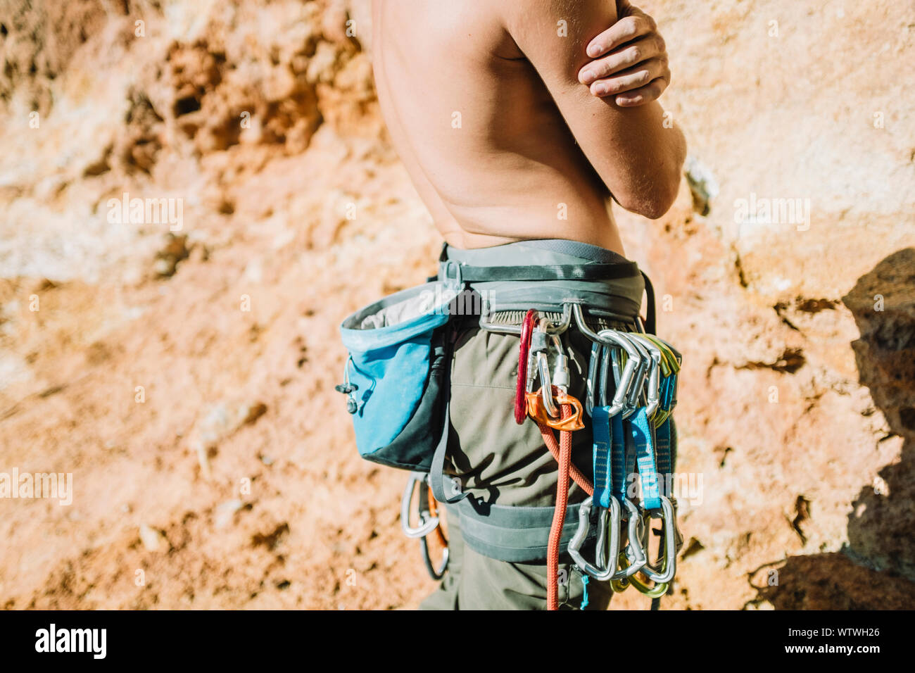Close up of climbing gear on male climber Stock Photo - Alamy