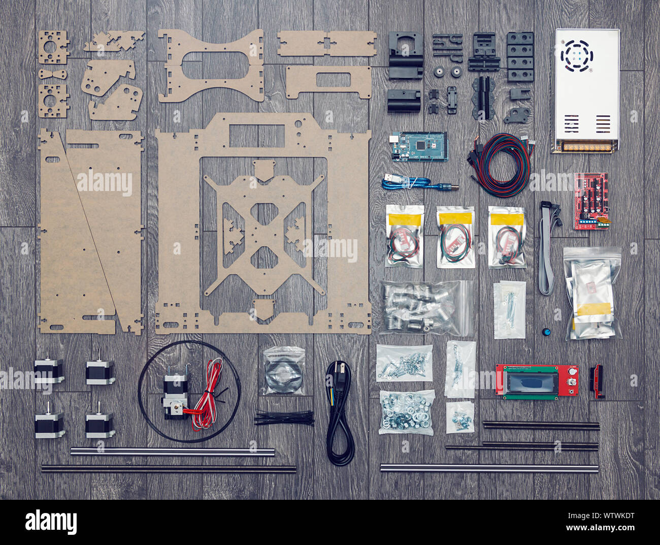 Flat lay of electronic and mechanical parts and components of DIY 3d ...