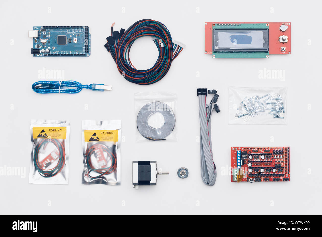 Flat lay of electronic and mechanical parts and components of DIY parts ...