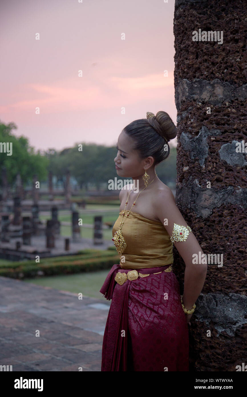 Sukhothai,Thailand - April ,9,2017: Beautiful Thai women in traditional costume of Thailand at ...