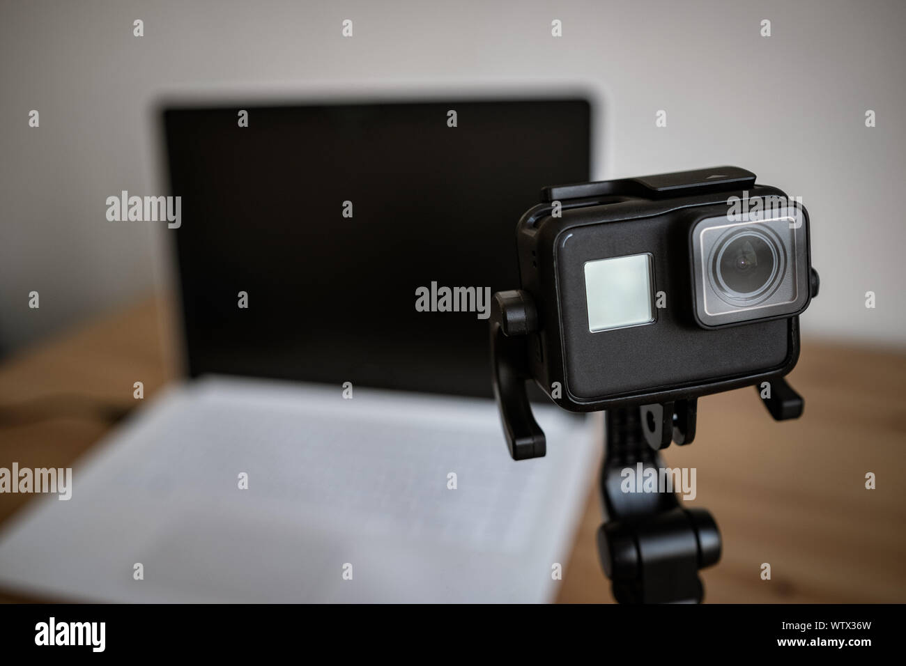Movement in front of the computer camera. Action Camera front-facing on ...