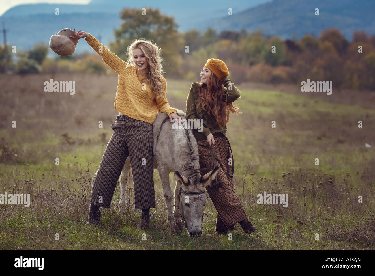 Two charming young women rest on nature together with a cute donkey ...