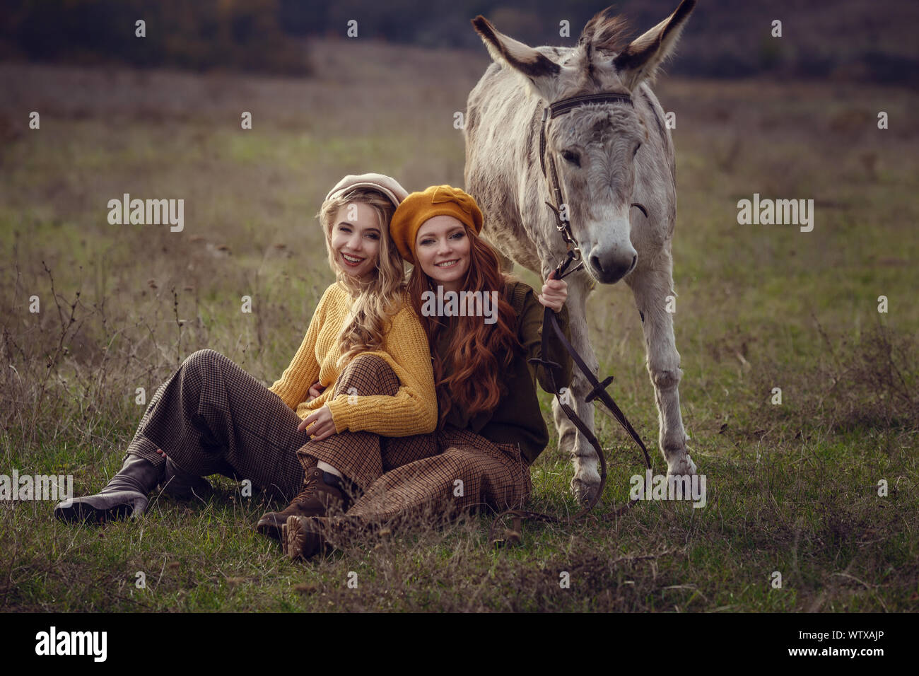 Two charming young women rest on nature together with a cute donkey ...