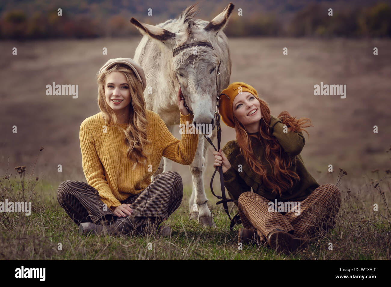 Two charming young women rest on nature together with a cute donkey ...