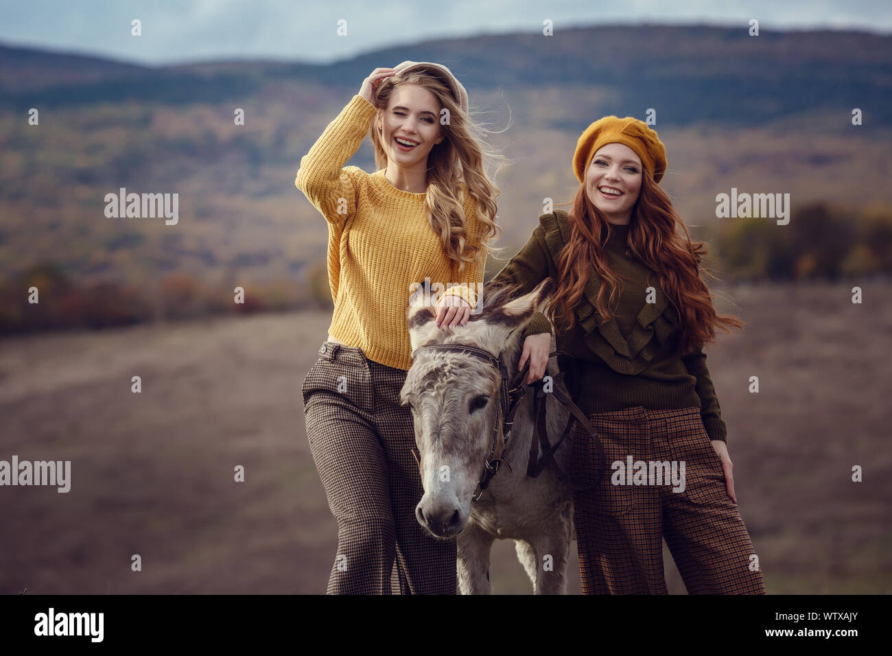 Two charming young women rest on nature together with a cute donkey ...