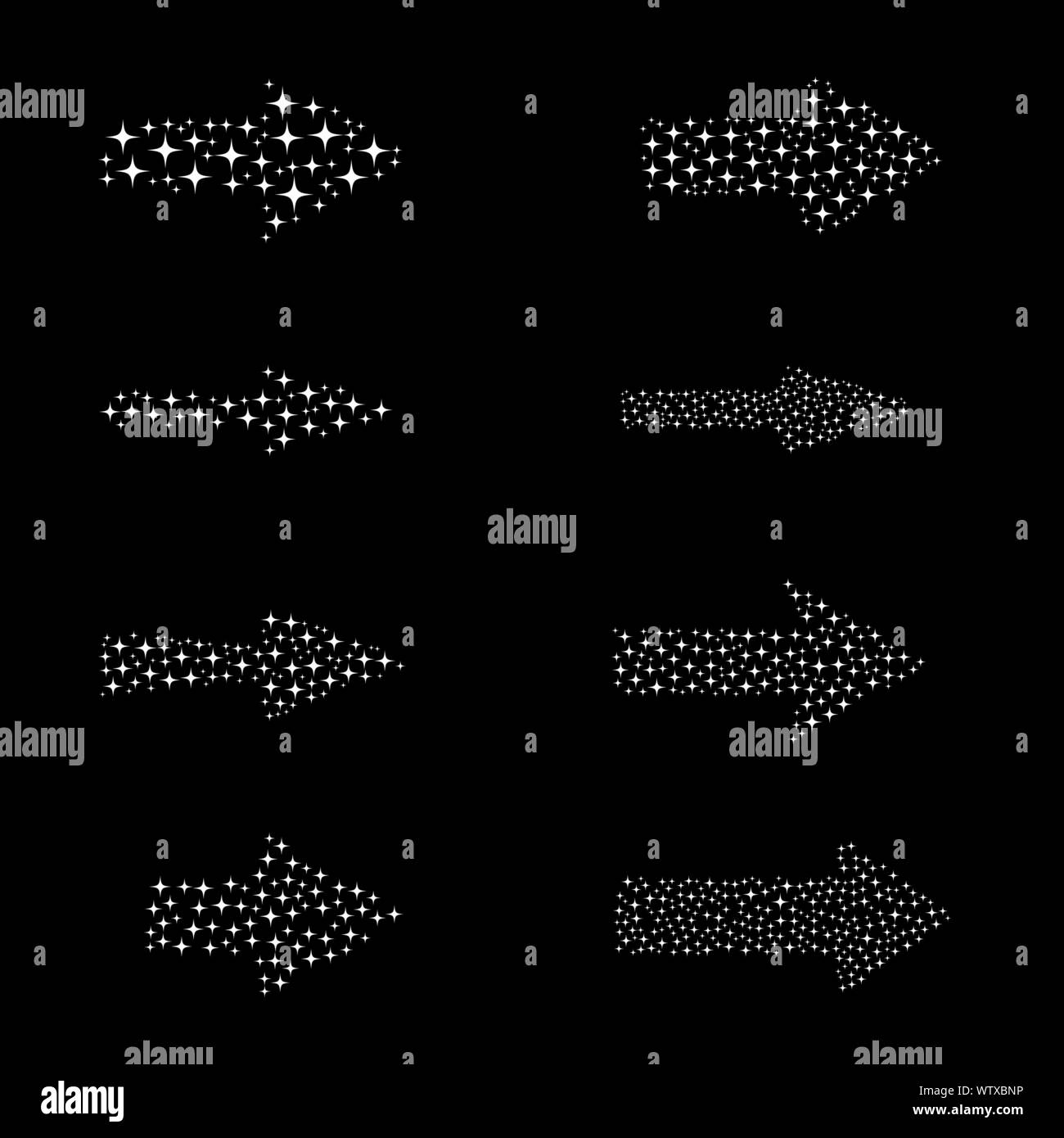 Stars and sparkles Arrow icon set. White arrows, direction cursor click ...