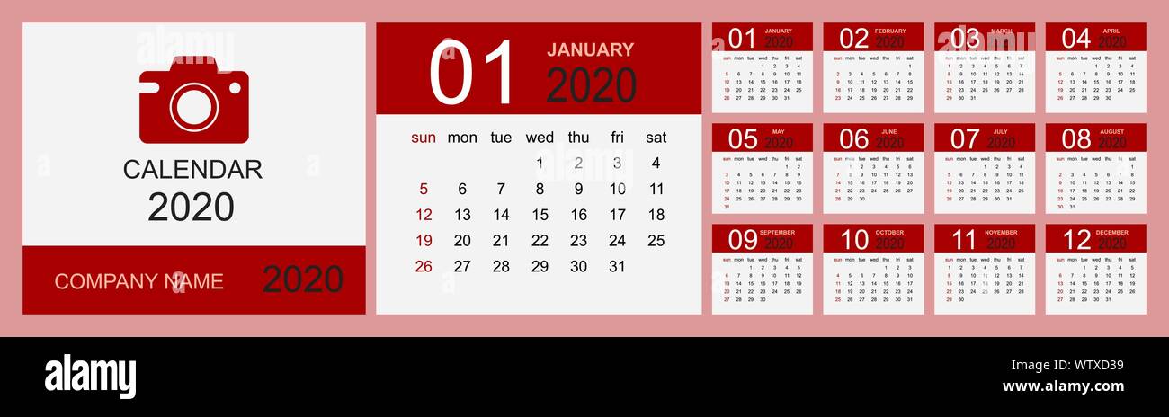 Calendar 2020. Desk calendar template. Set of 12 months, planner, week ...