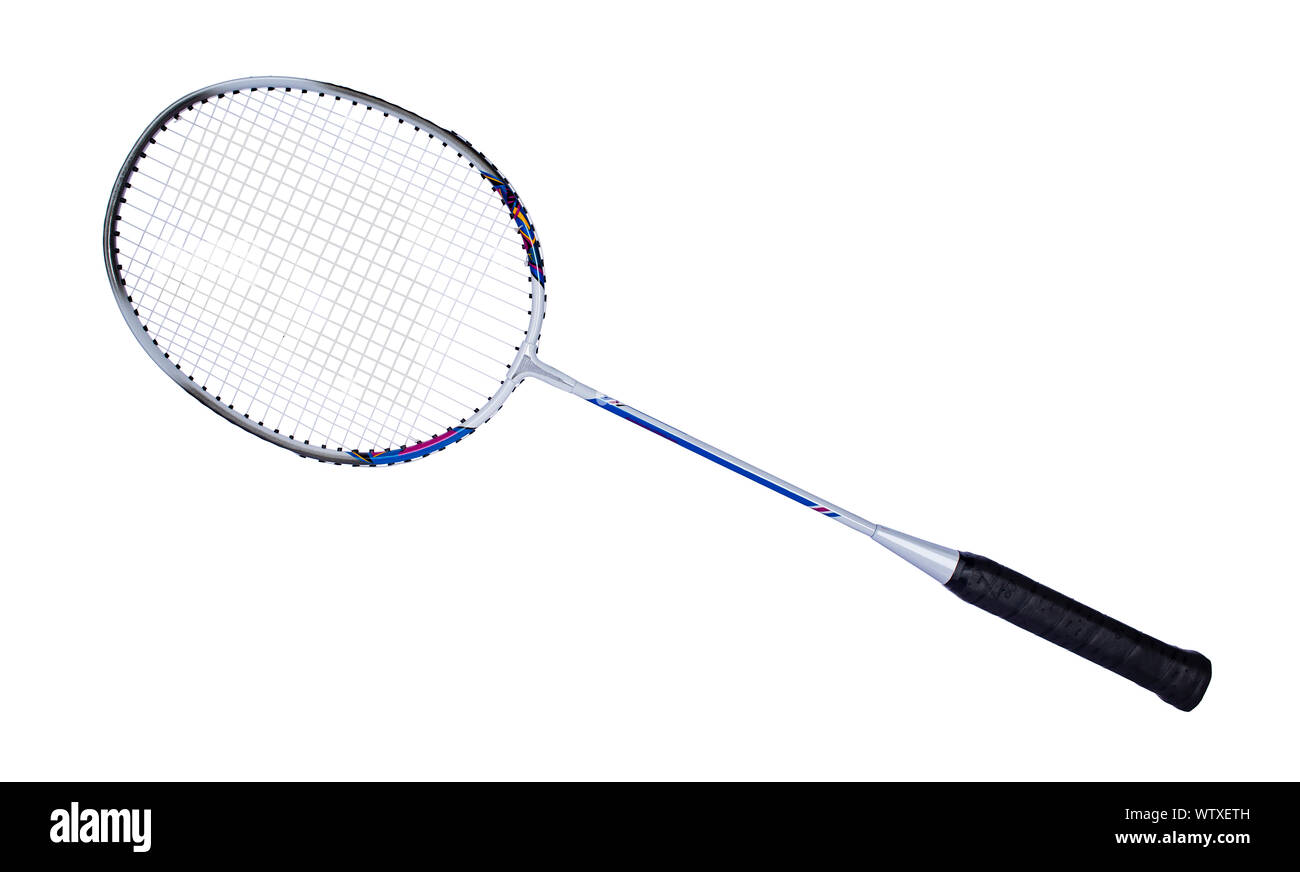 Close up studio shot of badminton racket, isolated on white background ...