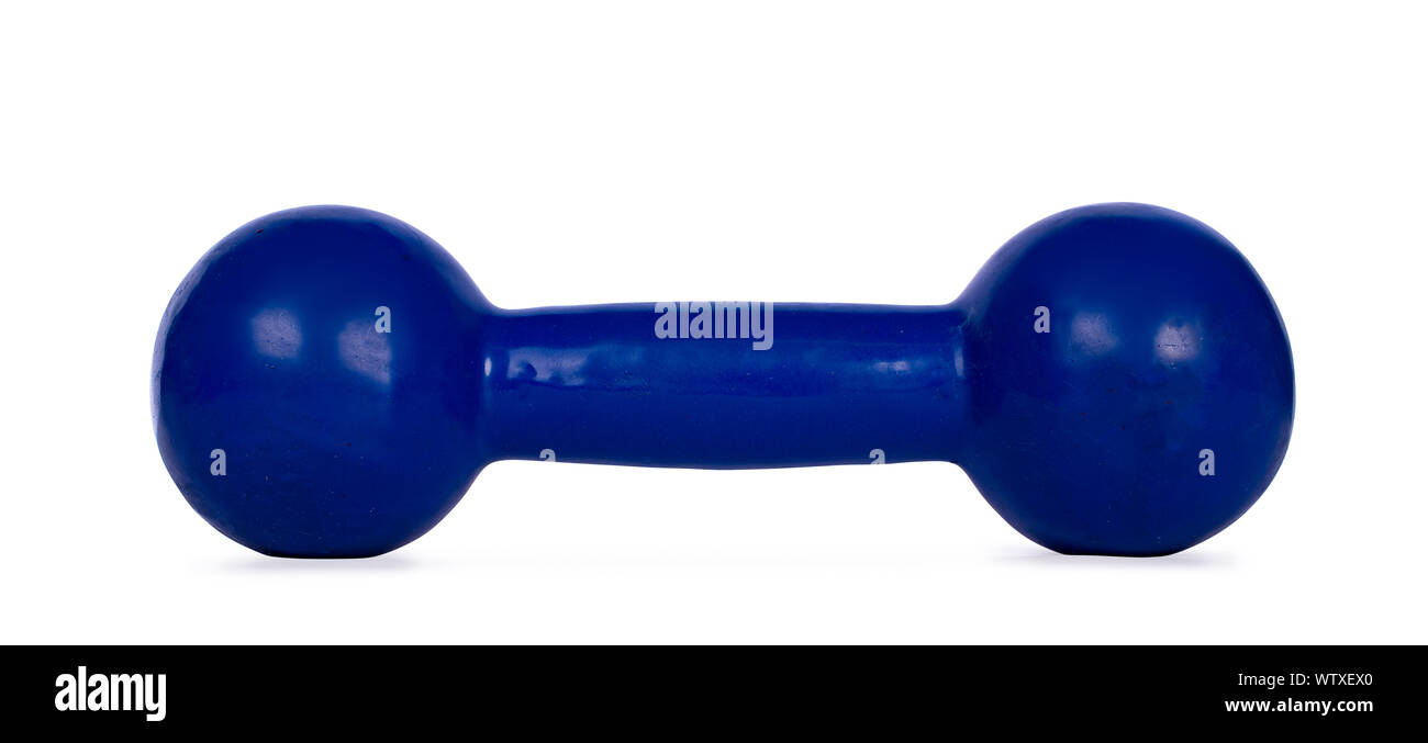 Close up studio shot of single blue dumbell, isolated on white ...