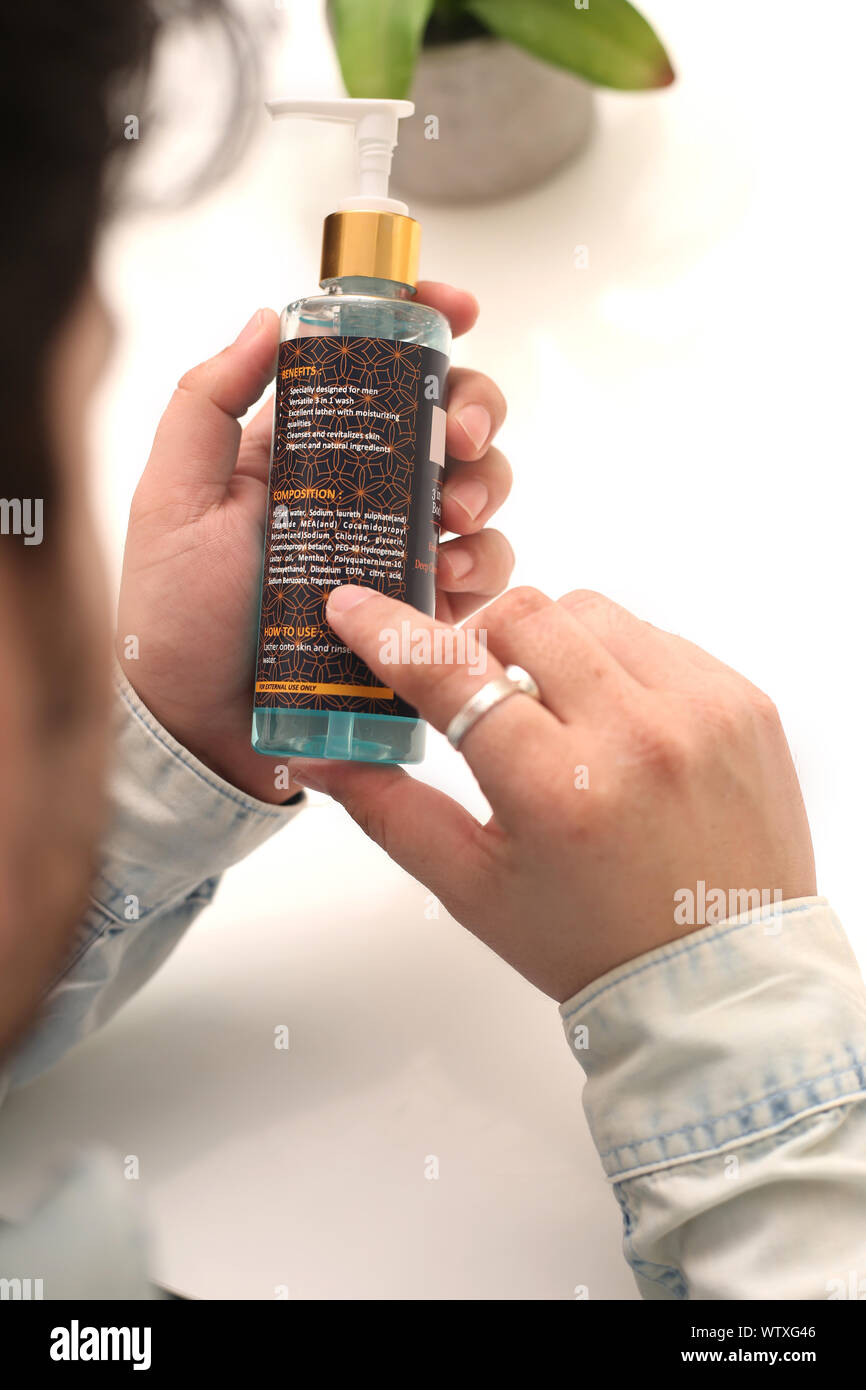 Picture of man liquid spray medicine bottle holding in hand. Isolated ...