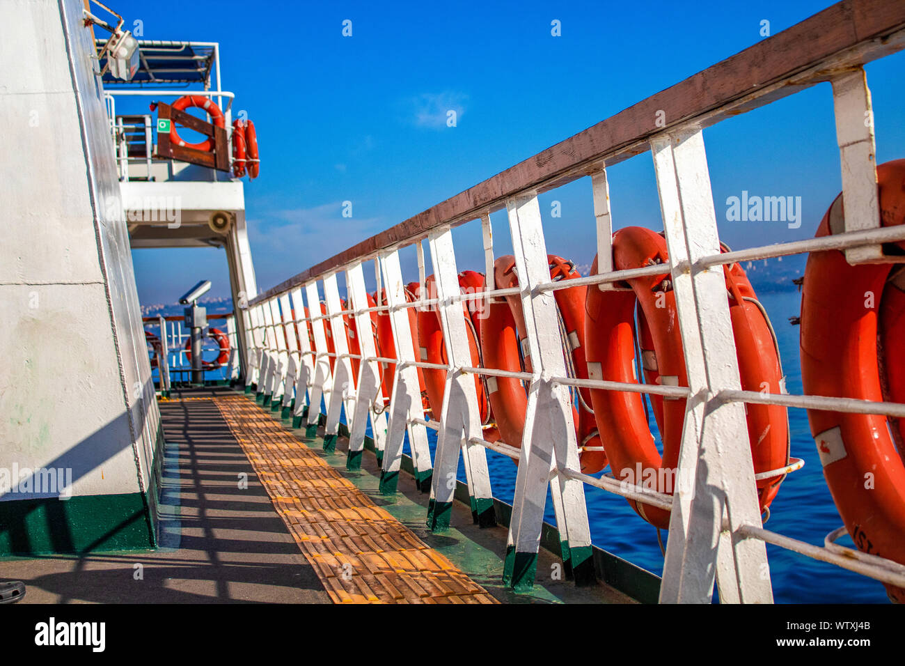 Ring lifebuoy on big boat. Obligatory ship equipment. Personal ...