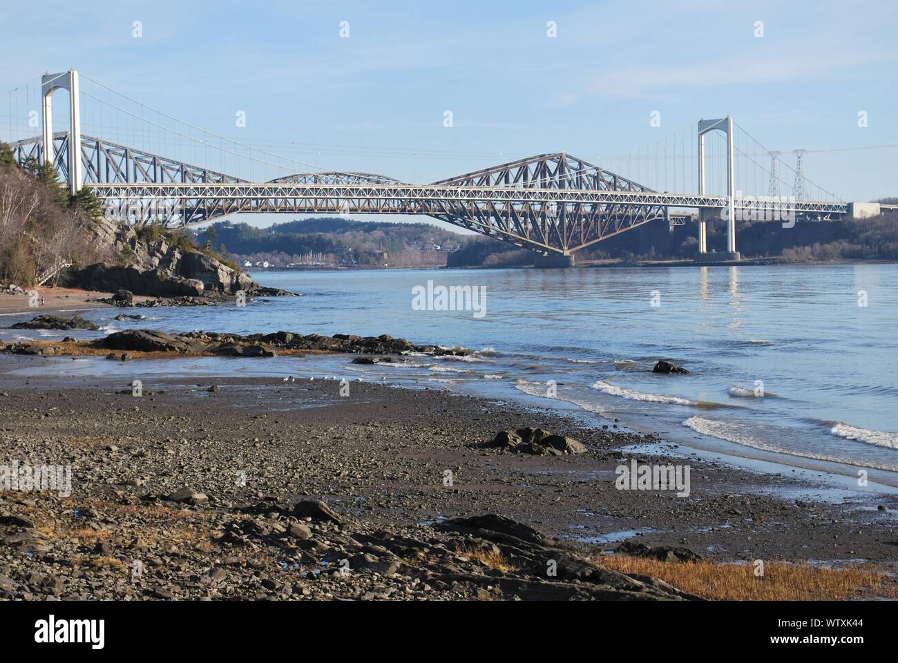 View Of Suspension Bridge From Beach Stock Photo - Alamy
