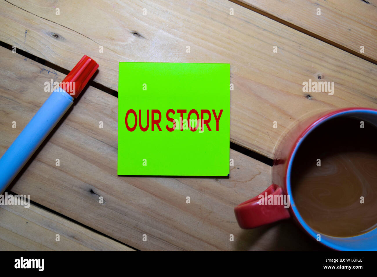 Our Story text on the sticky notes isolated on table background Stock ...