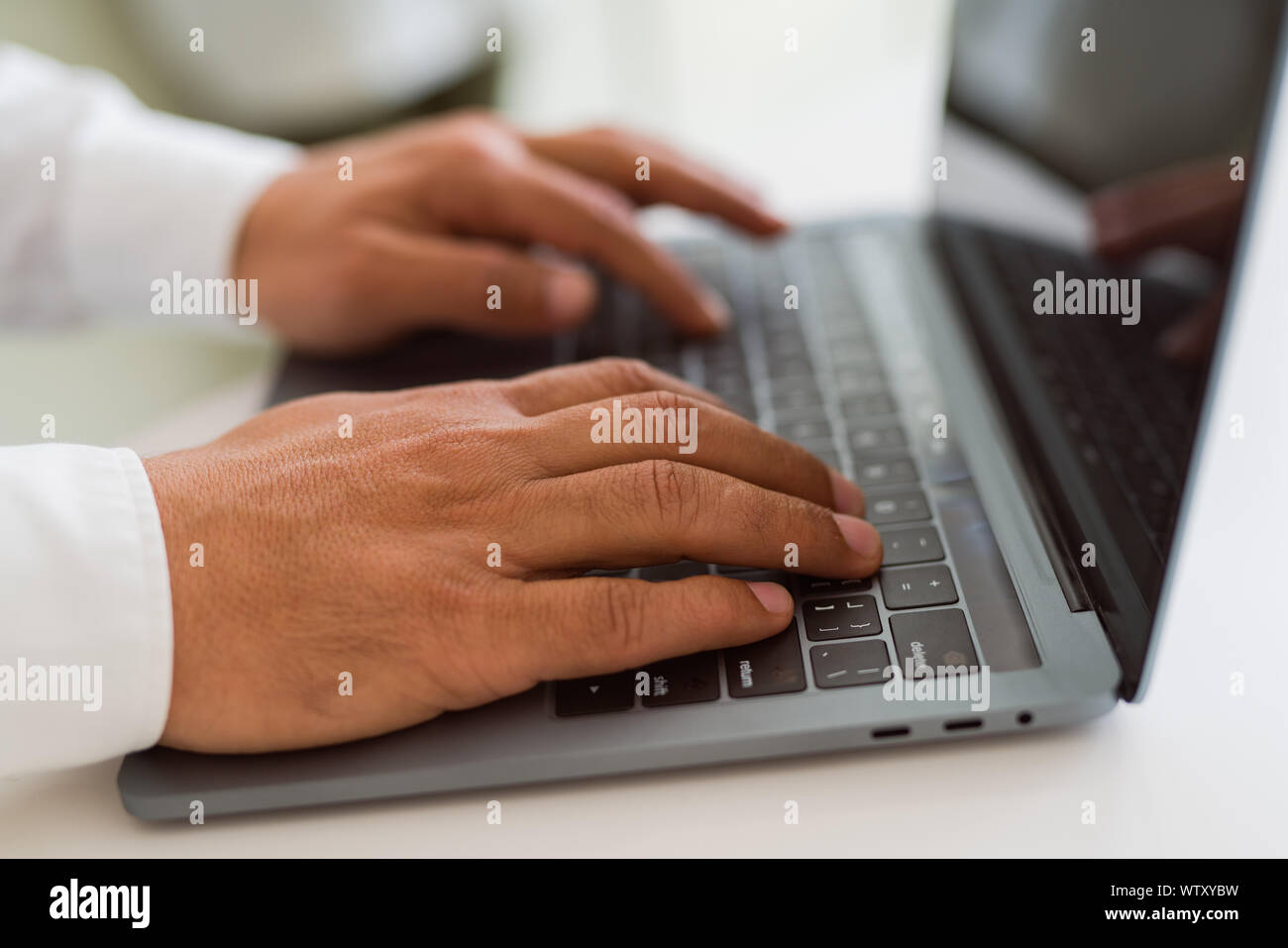 Close up of business man working using computer laptop Stock Photo - Alamy