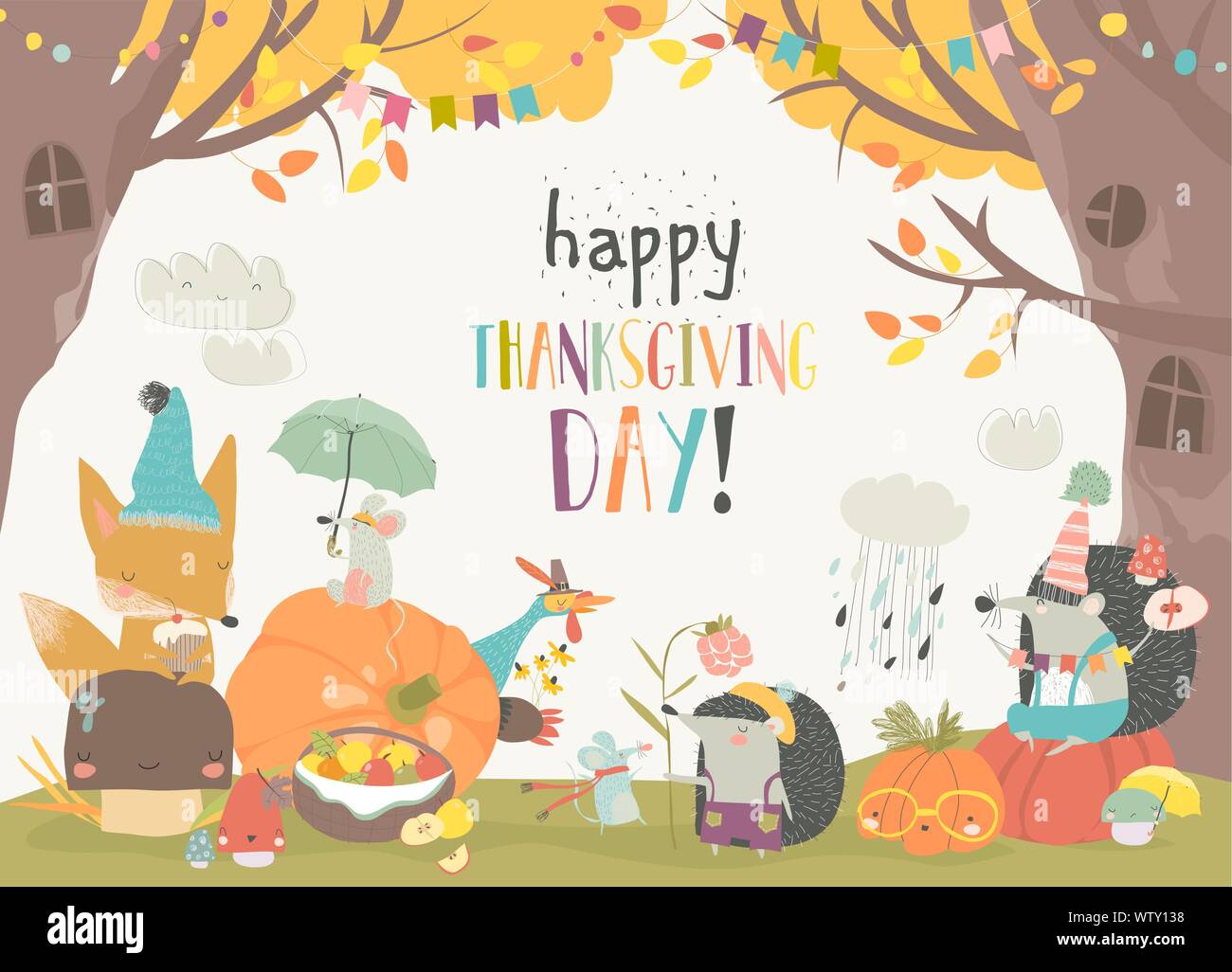 Cute animals celebrating Thanksgiving day in the forest Stock Vector ...
