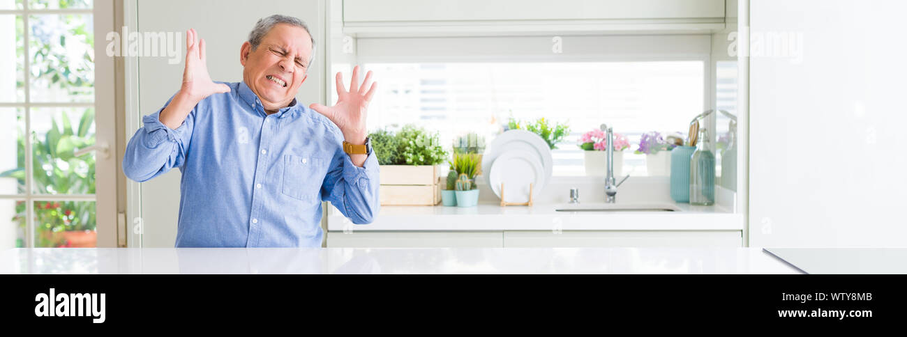 Wide angle perspective of handsome senior man at home crazy and mad ...