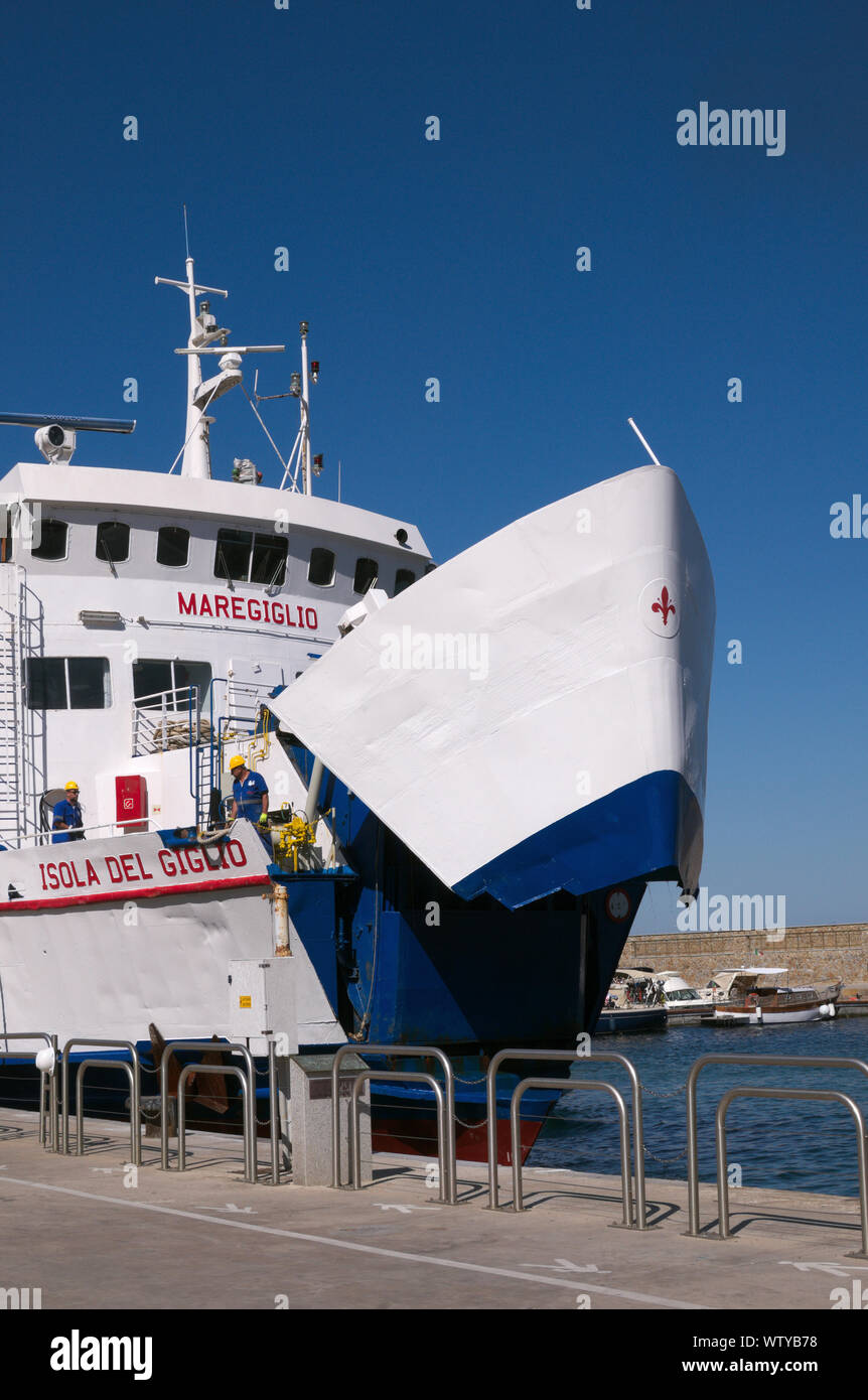 Ferry docking with front lifting, Giglio island, Tuscany, Italy Stock ...