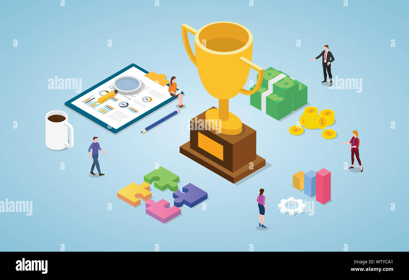 team success winner with big golden trophy for finance money with ...